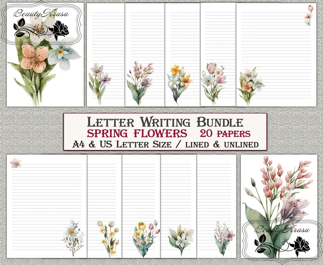 Letter Writing Bundle,spring Frowers Printable Stationery,unlined Lined ...