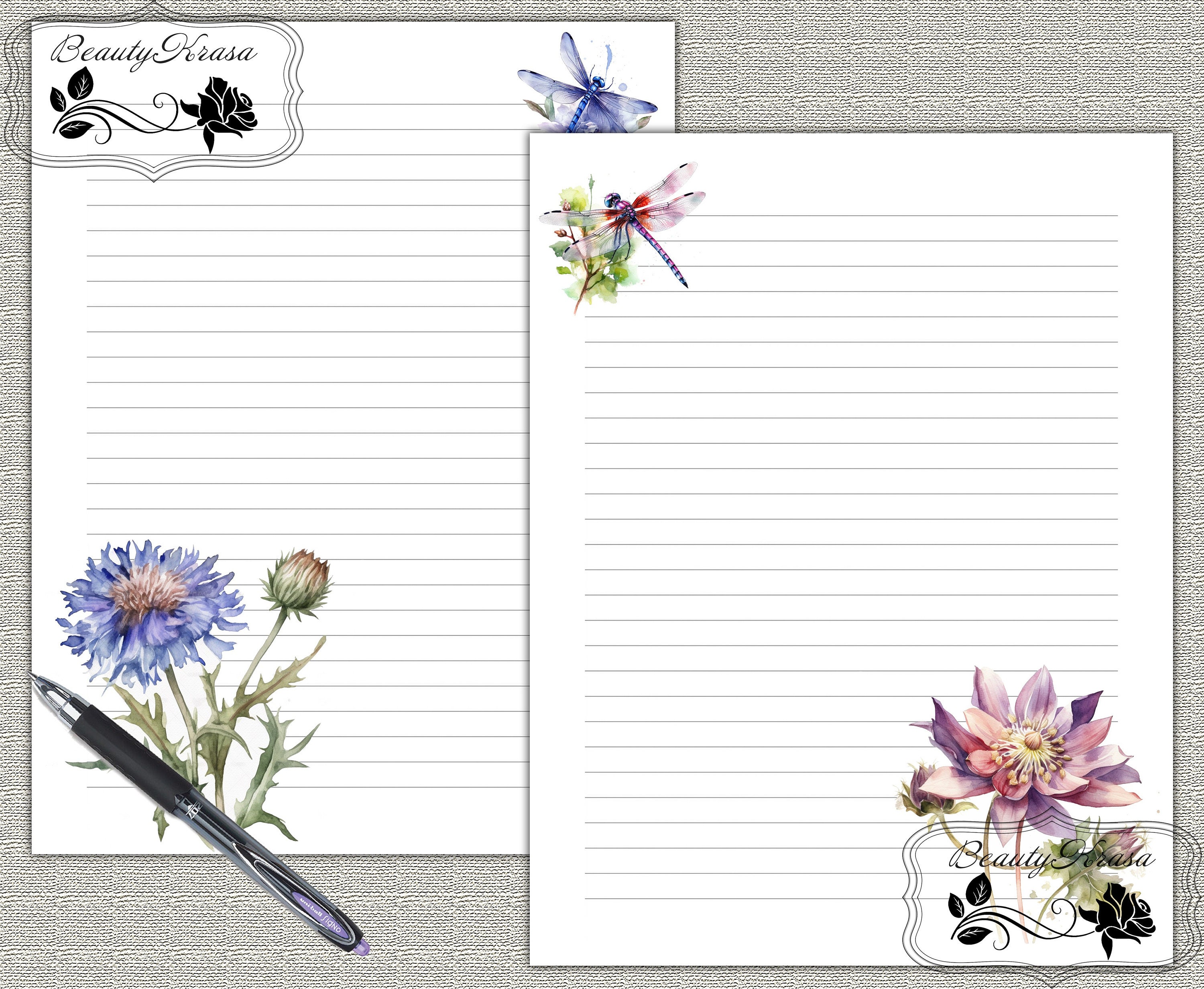 Letter Writing Bundle,flowers Printable Stationery,unlined Lined 20 ...