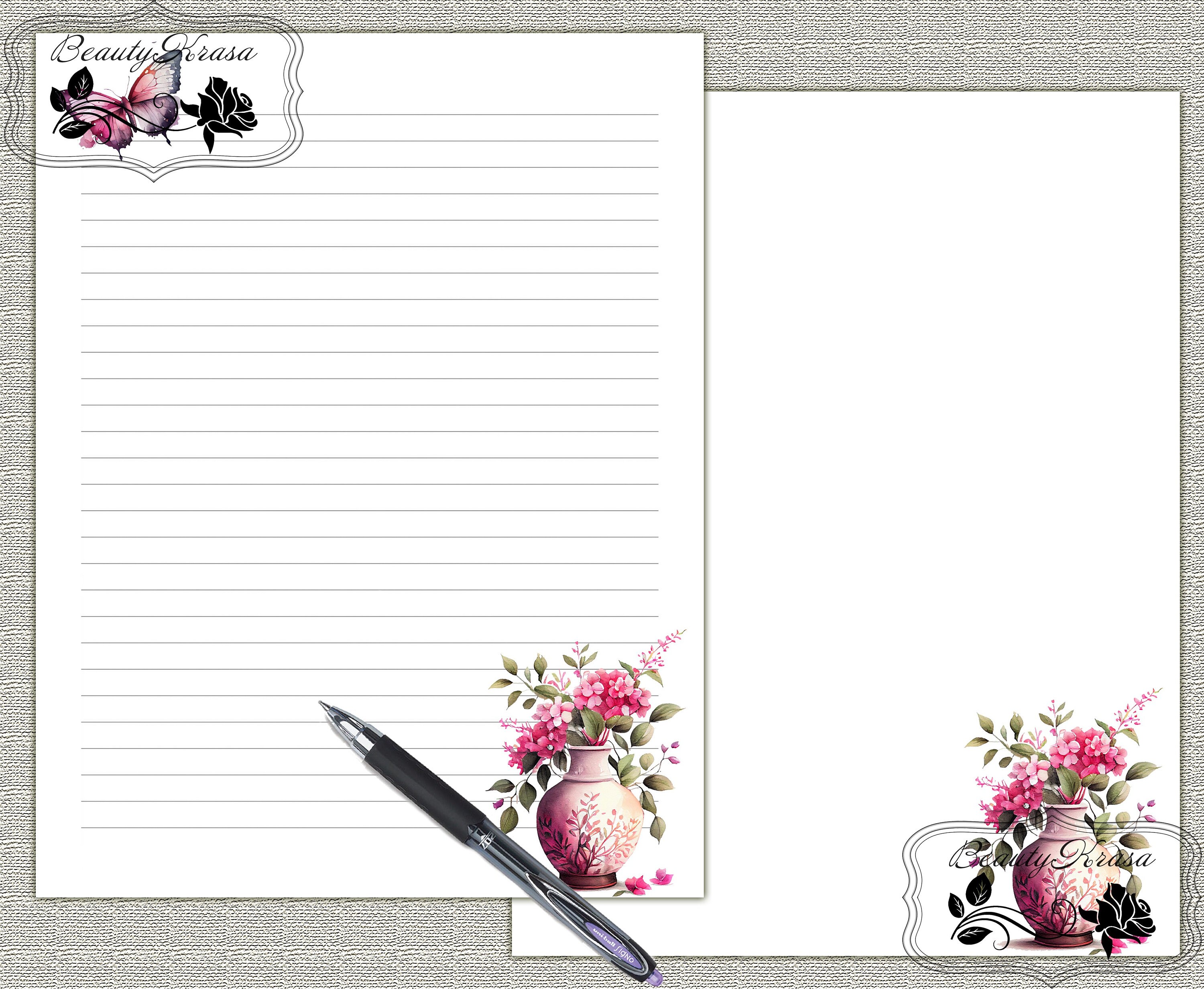 Letter Writing Bundle,printable Pdf Stationery Set Pink Flower,unlined ...