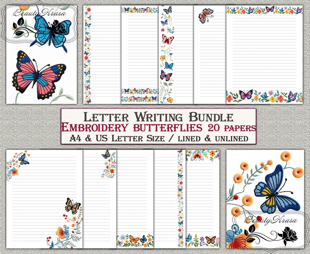 Letter Writing Bundle, Embroidery Butterflies Printable Stationery ...