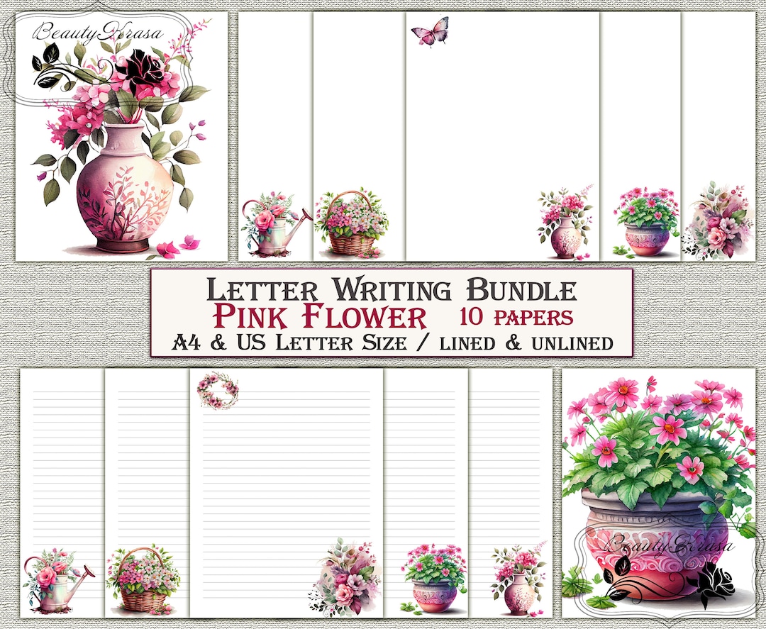 Letter Writing Bundle,printable Pdf Stationery Set Pink Flower,unlined ...