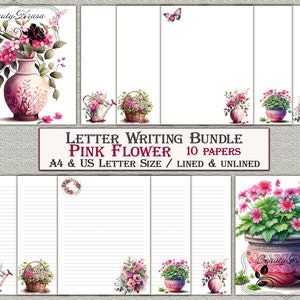 Letter Writing Bundle,printable Pdf Stationery Set Pink Flower,unlined ...