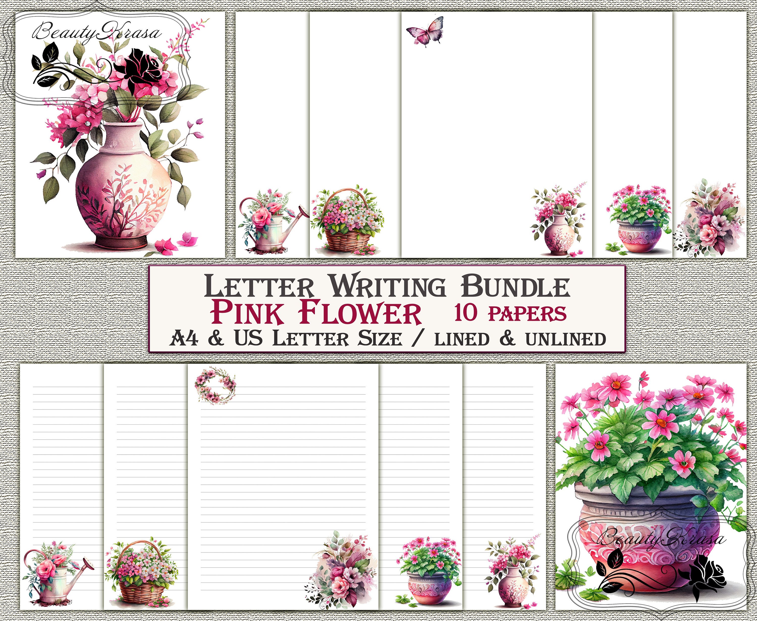 Letter Writing Bundle,printable Pdf Stationery Set Pink Flower,unlined ...