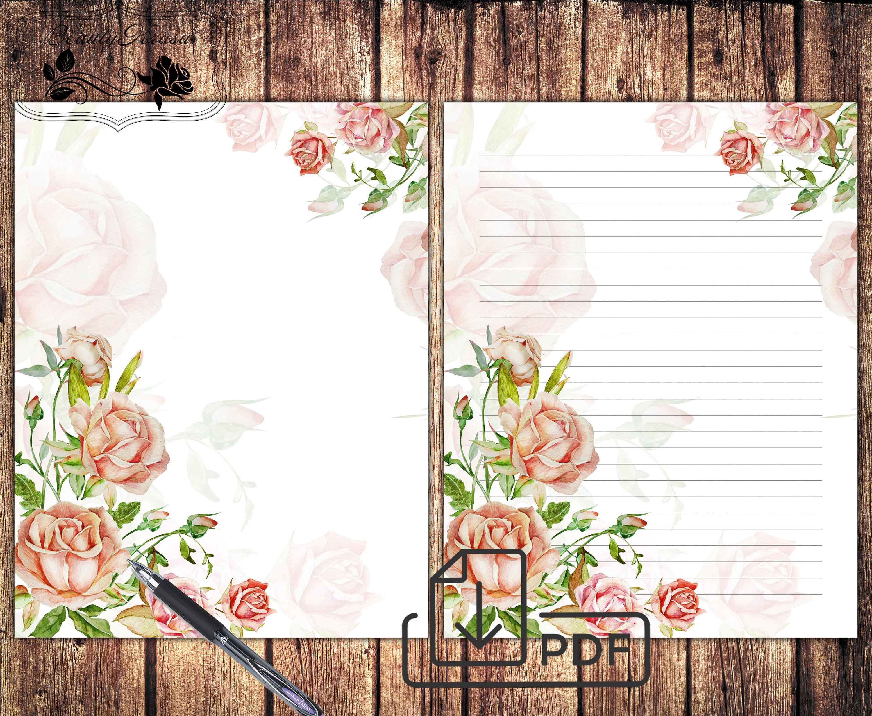 Stationary Set Roses,printable Letter Writing Paper,unlined Lined Paper ...