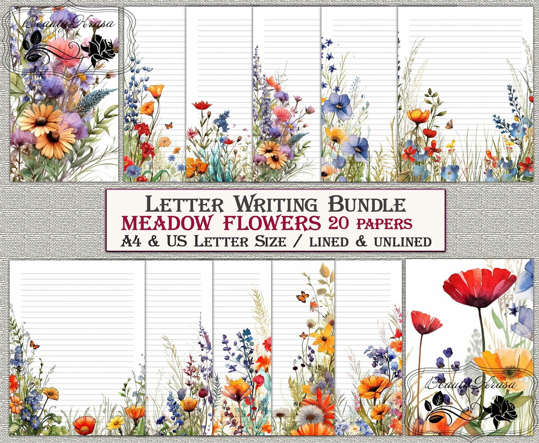 Letter Writing Bundle,meadow Flowers Printable Stationery,unlined Lined ...
