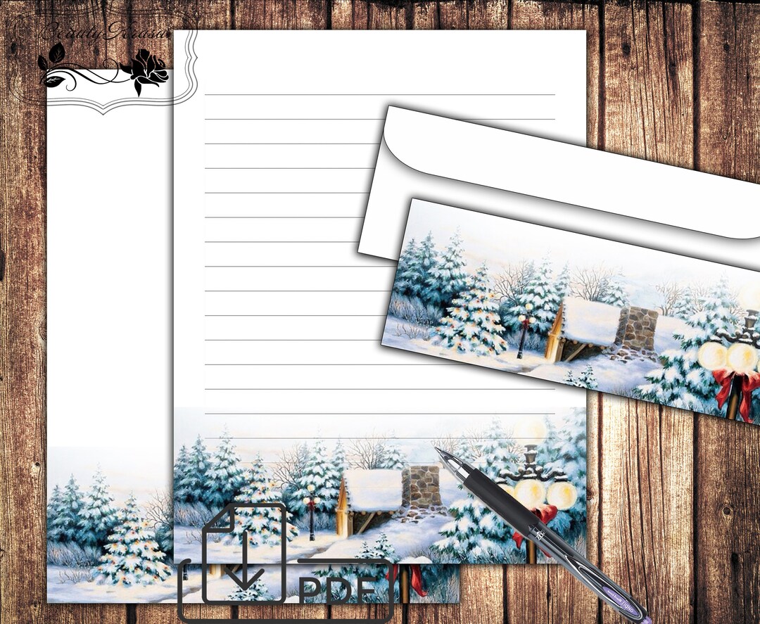 Printable Stationary Set Winter Landscape,digital Letter Writing Paper ...