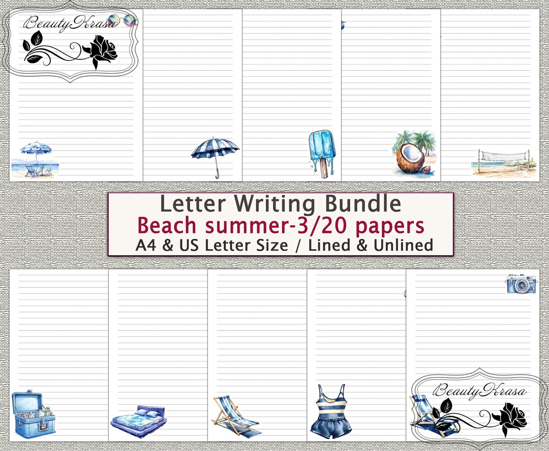 Letter Writing Bundle,beach Summer-3 PDF Stationery,unlined Lined 20 ...