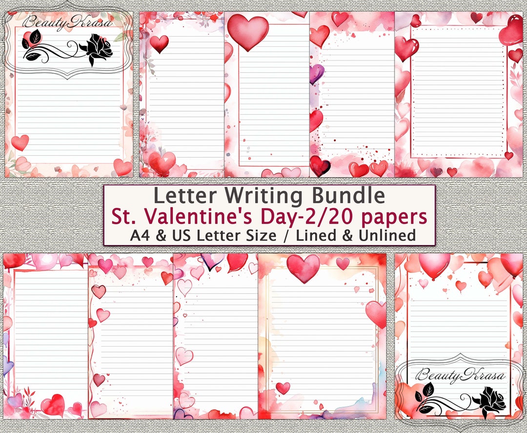 Letter Writing Bundle, St. Valentine's Day-2 PDF Stationery,unlined ...