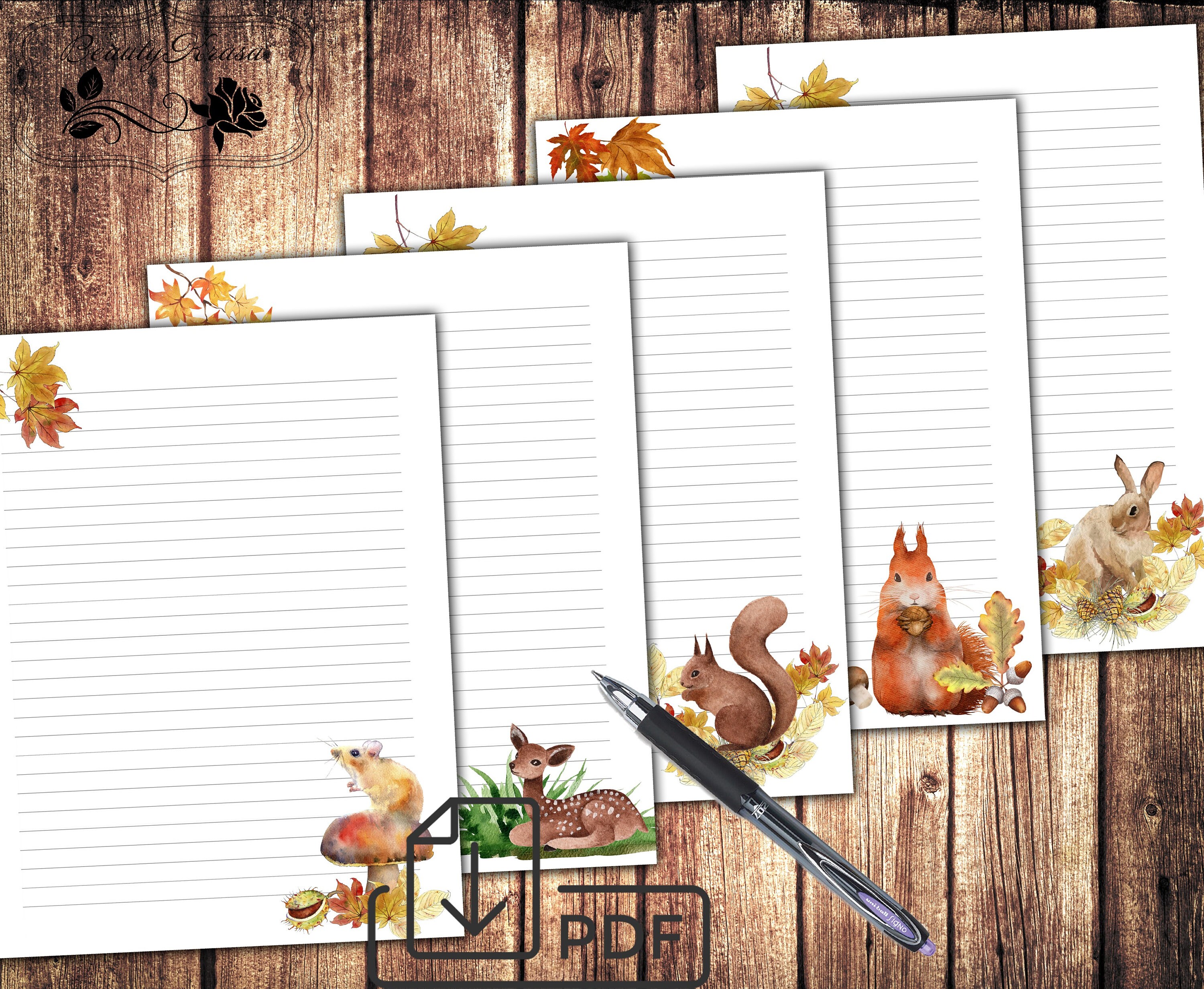 Forest Animals Letter Writing Set Lined Stationary,autumn Digital ...