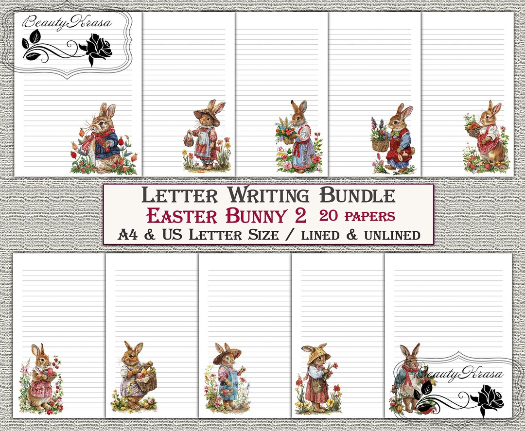 Letter Writing Bundle,easter Bunny-2 PDF Stationery,unlined Lined 20 ...
