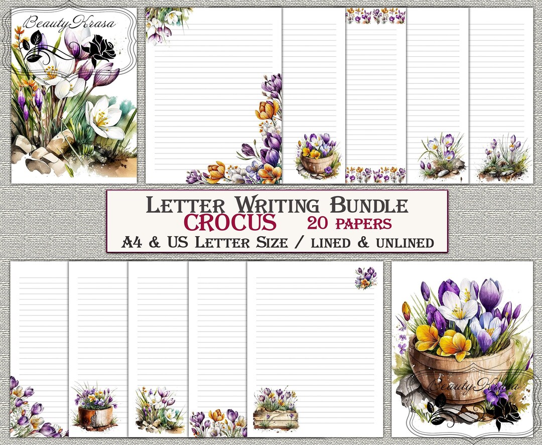 Letter Writing Bundle, Crocus Printable Stationery,unlined Lined 20 ...