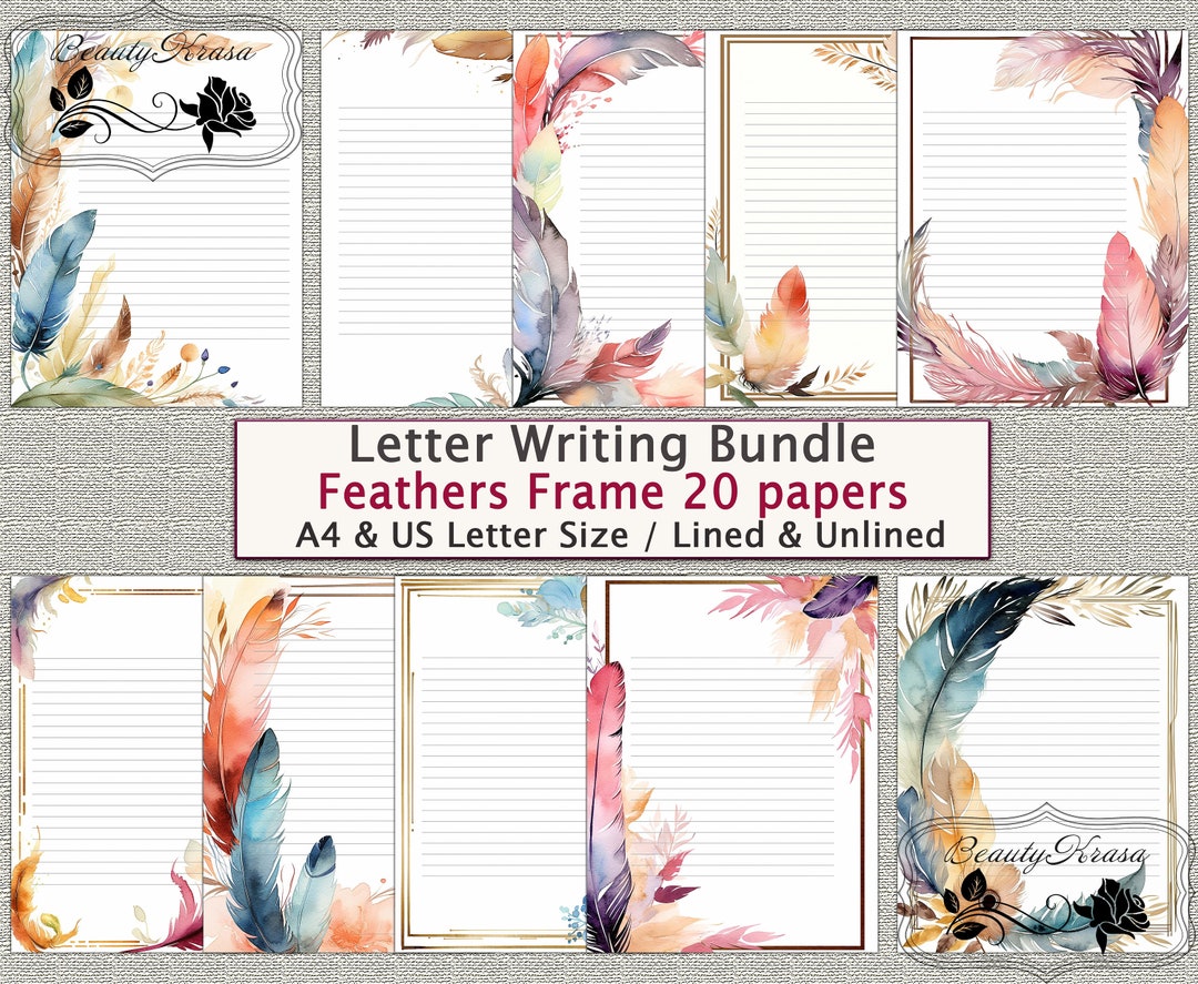 Letter Writing Bundle, Feathers Frame Digital Stationery Set,unlined ...