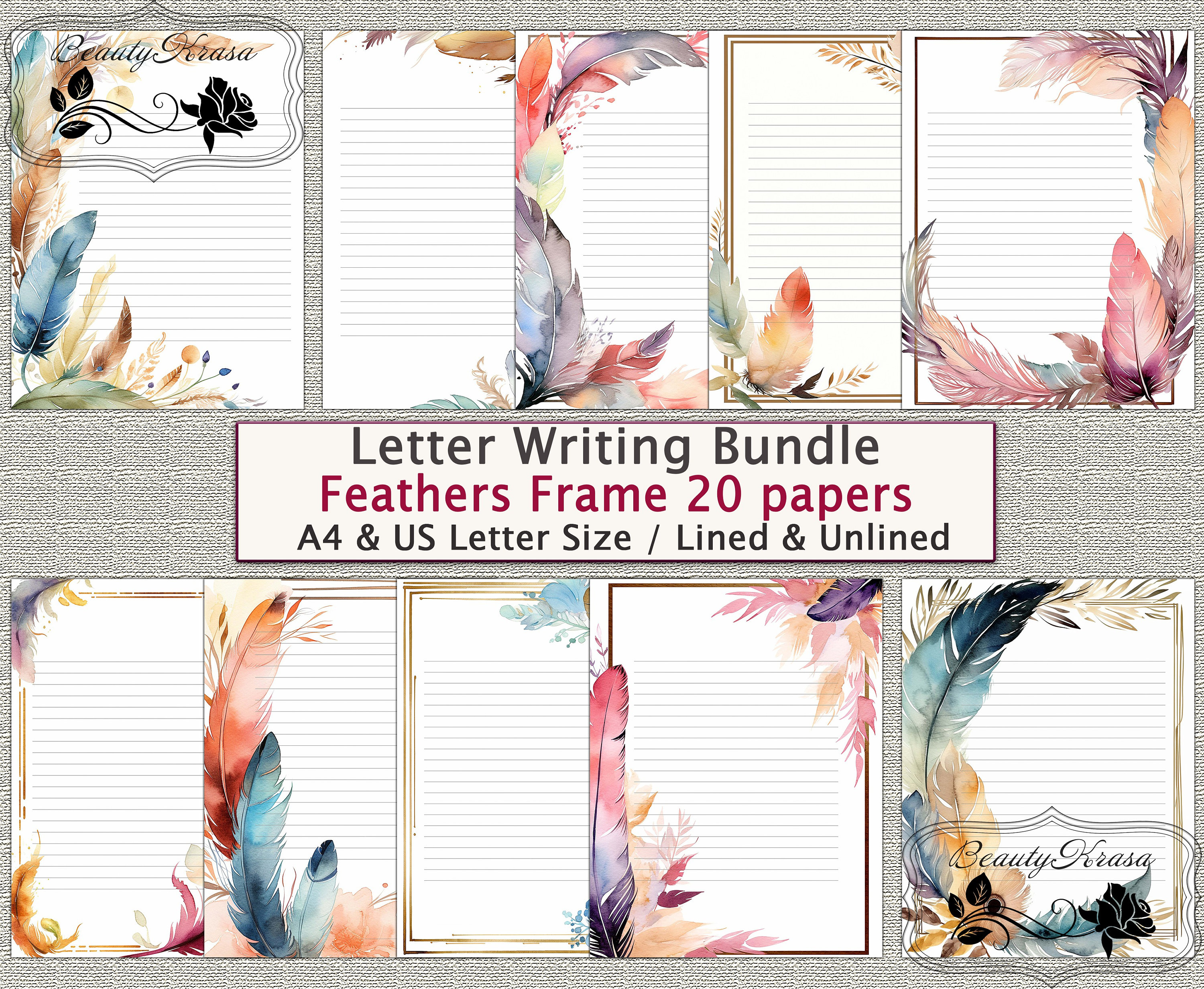 Letter Writing Bundle, Feathers Frame Digital Stationery Set,unlined ...