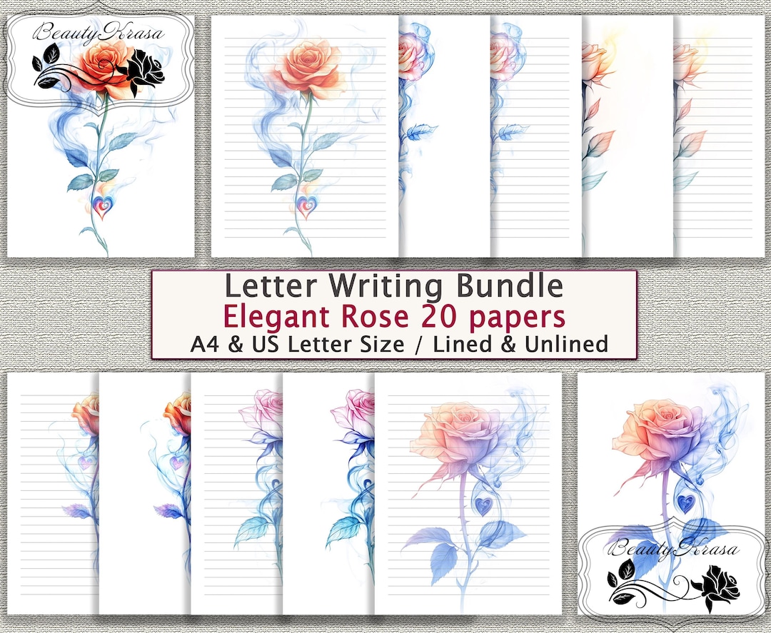 Letter Writing Bundle, Elegant Rose Digital Pdf Stationery Set ,unlined ...
