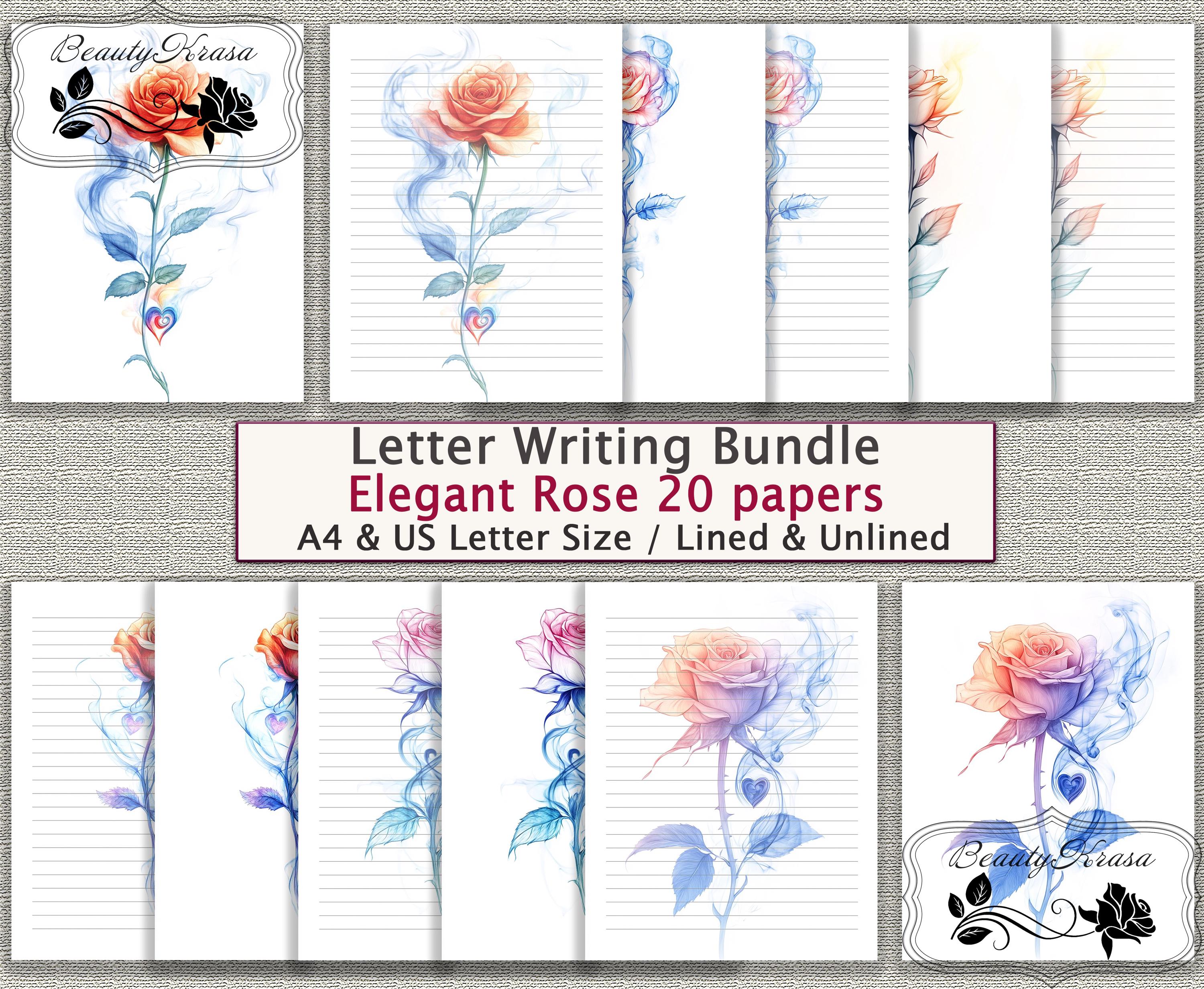 Letter Writing Bundle, Elegant Rose Digital Pdf Stationery Set ,unlined ...