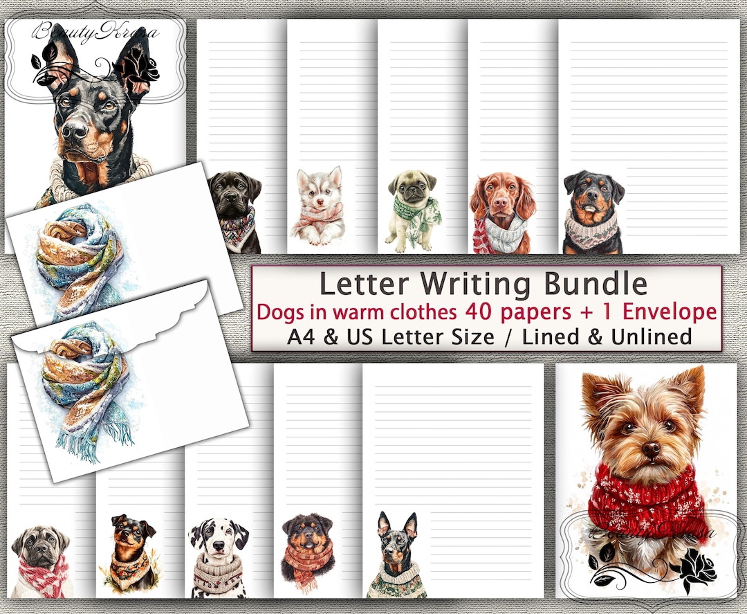 Letter Writing Bundle, Dogs in Warm Clothes Digital Pdf Stationery Set ...