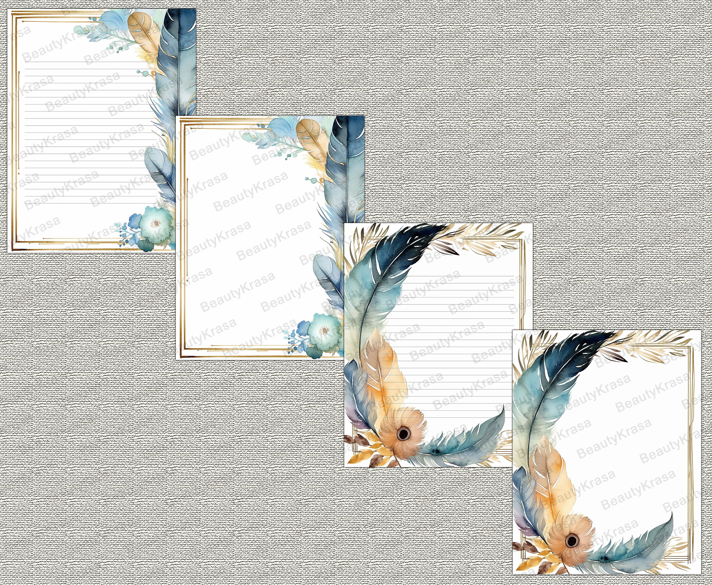Letter Writing Bundle, Feathers Frame Digital Stationery Set,unlined ...