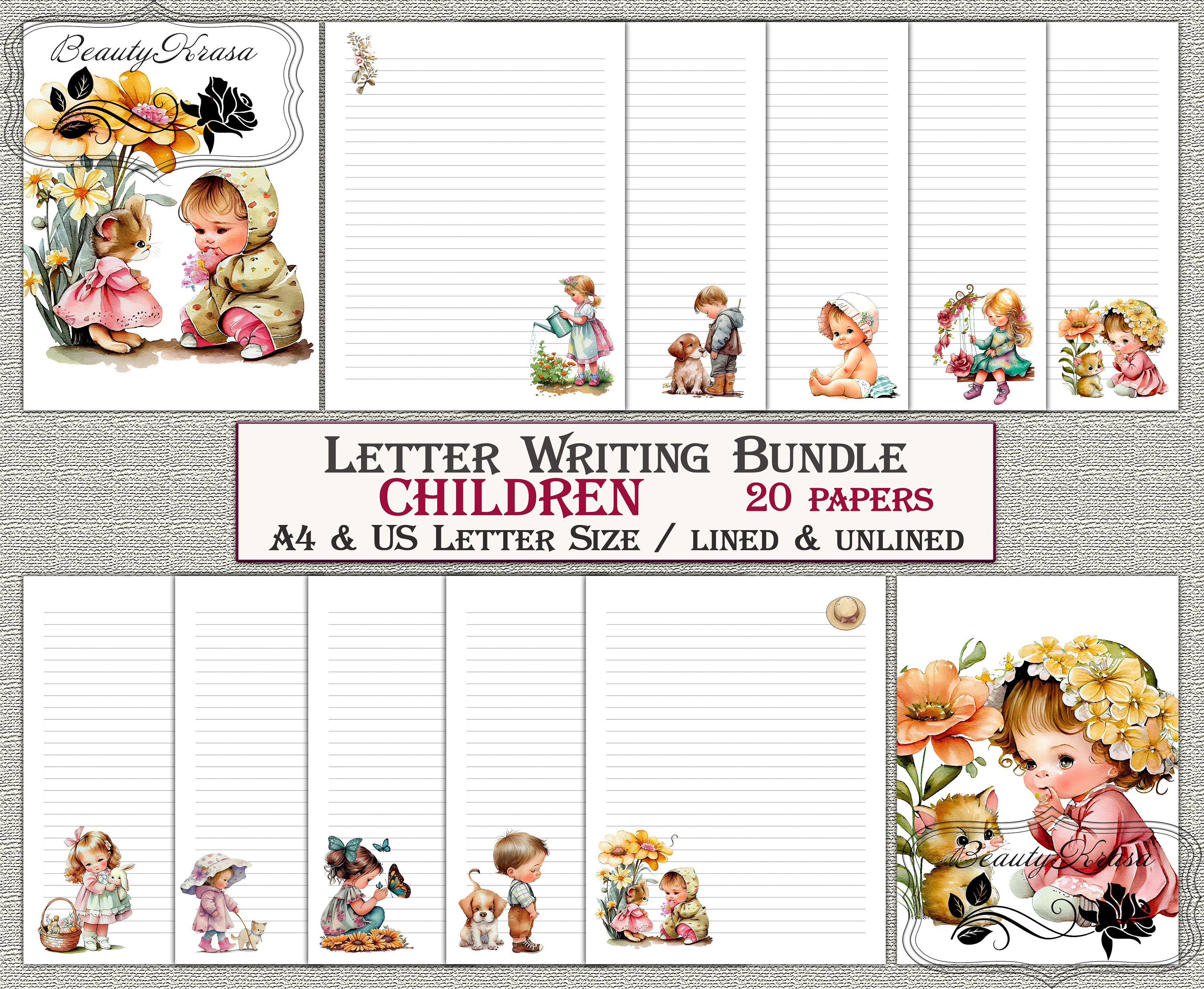 Letter Writing Bundle, Children Printable Stationery,unlined Lined 20 ...