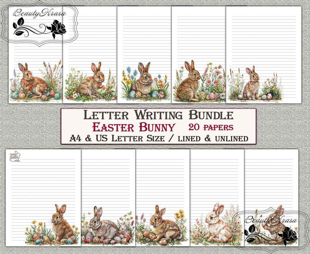 Letter Writing Bundle,easter Bunny-1 PDF Stationery,unlined Lined 20 ...
