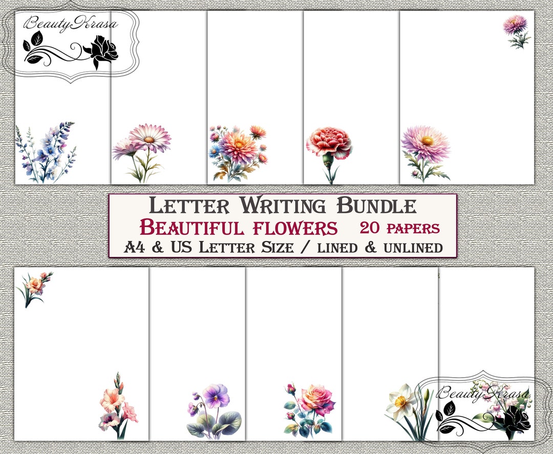 Letter Writing Bundle,beautiful Flowers PDF Stationery,unlined Lined 20 ...