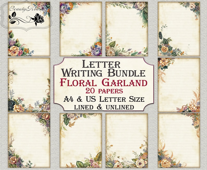 Letter Writing Bundle,floral Garland Printable Stationery,unlined Lined ...