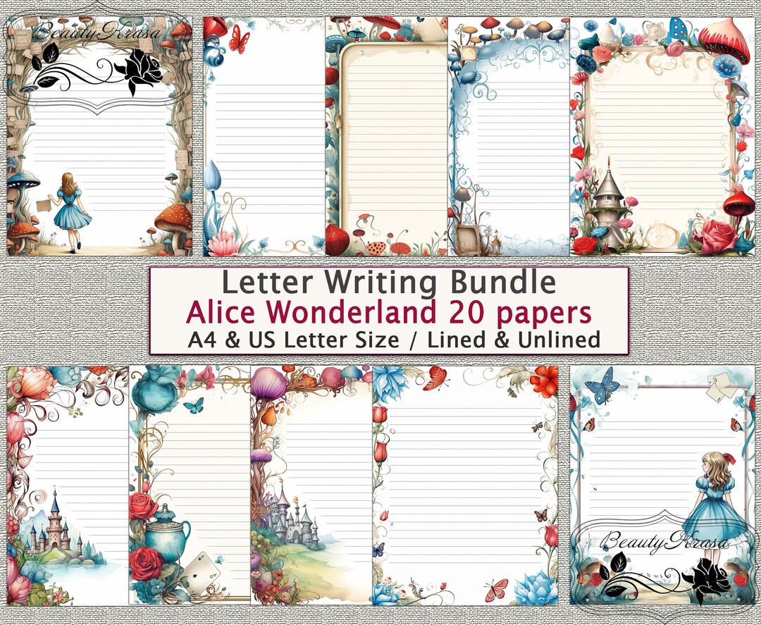 Letter Writing Bundle, Alice in Wonderland PDF Stationery,unlined Lined ...