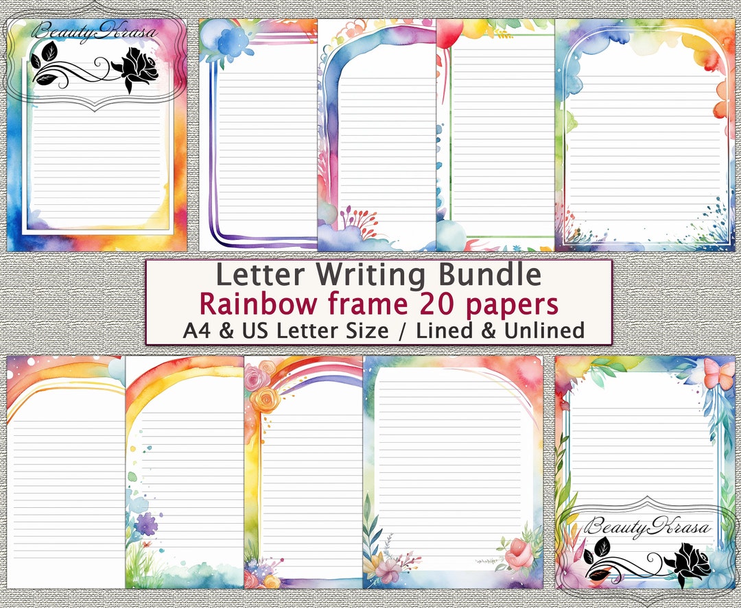 Letter Writing Bundle, Rainbow Frame PDF Stationery,unlined Lined 20 ...