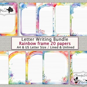 Letter Writing Bundle, Rainbow Frame PDF Stationery,unlined Lined 20 ...