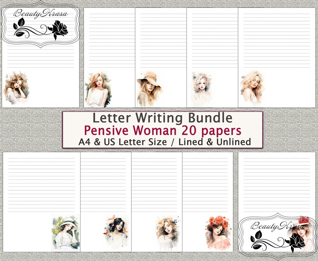 Letter Writing Bundle,pensive Woman Digital Stationery Set,unlined ...