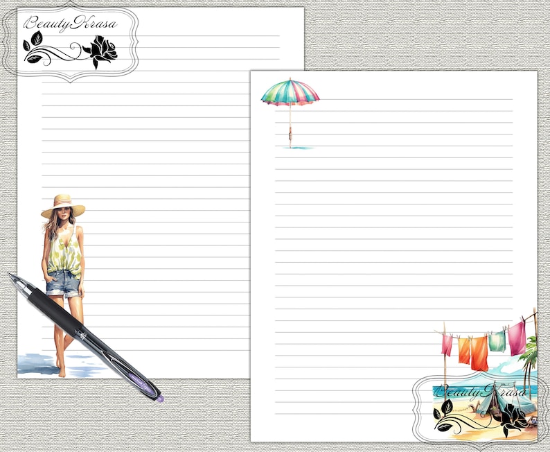 Letter Writing Bundle,summer Beach Printable Stationery,unlined Lined ...