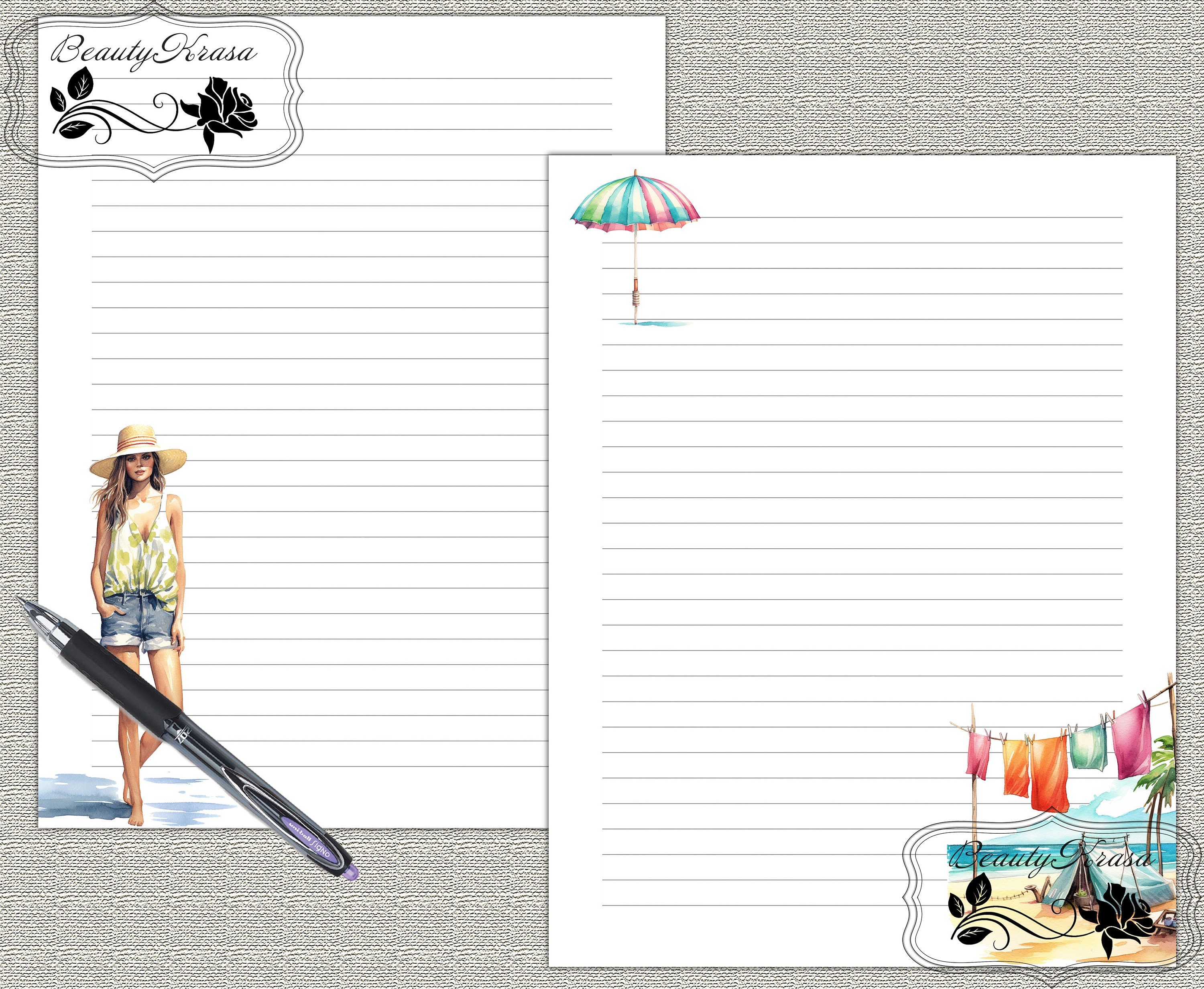 Letter Writing Bundle,summer Beach Printable Stationery,unlined Lined ...