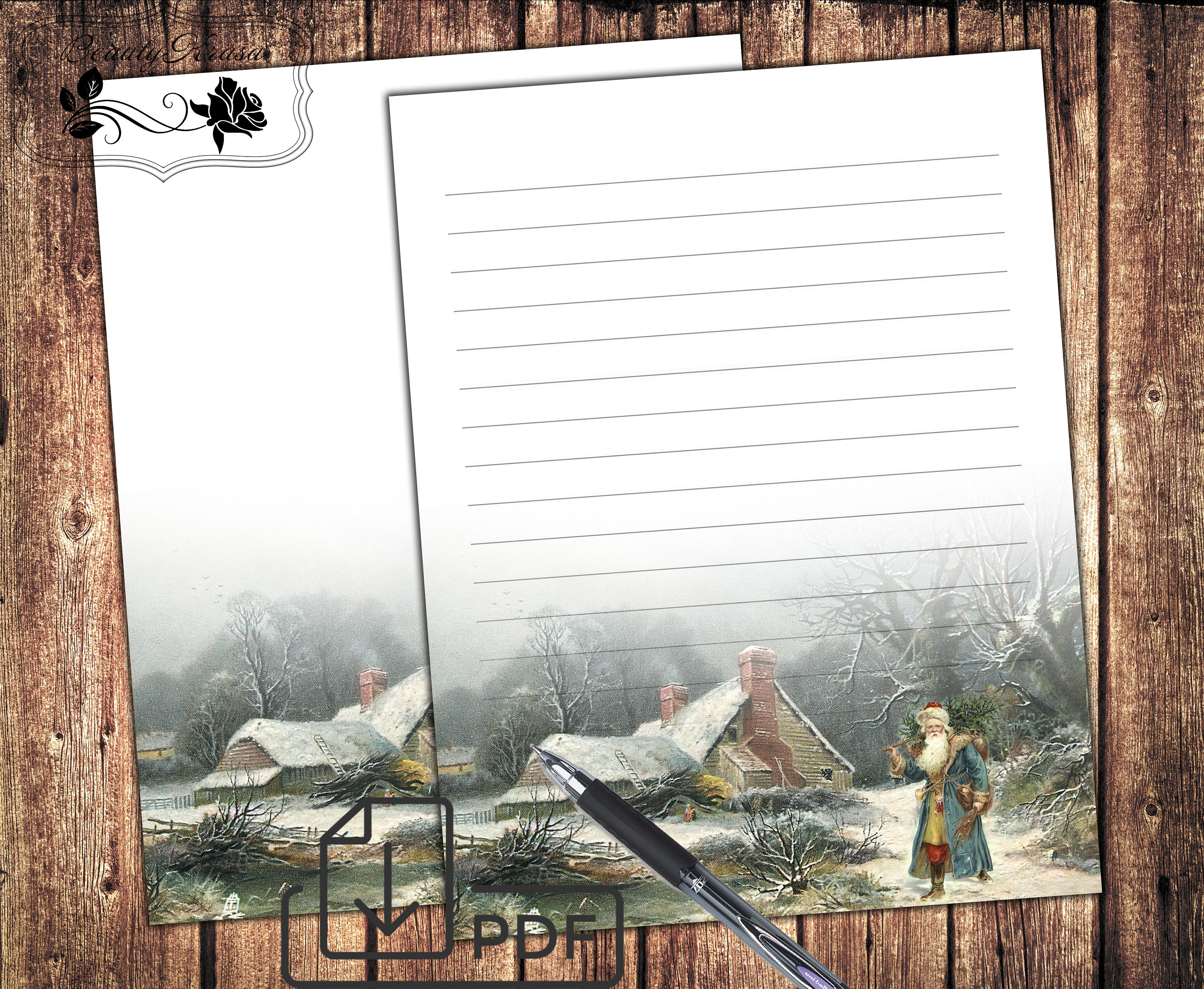 Vintage Christmas Stationary Digital Set,letter Writing Lined Paper ...