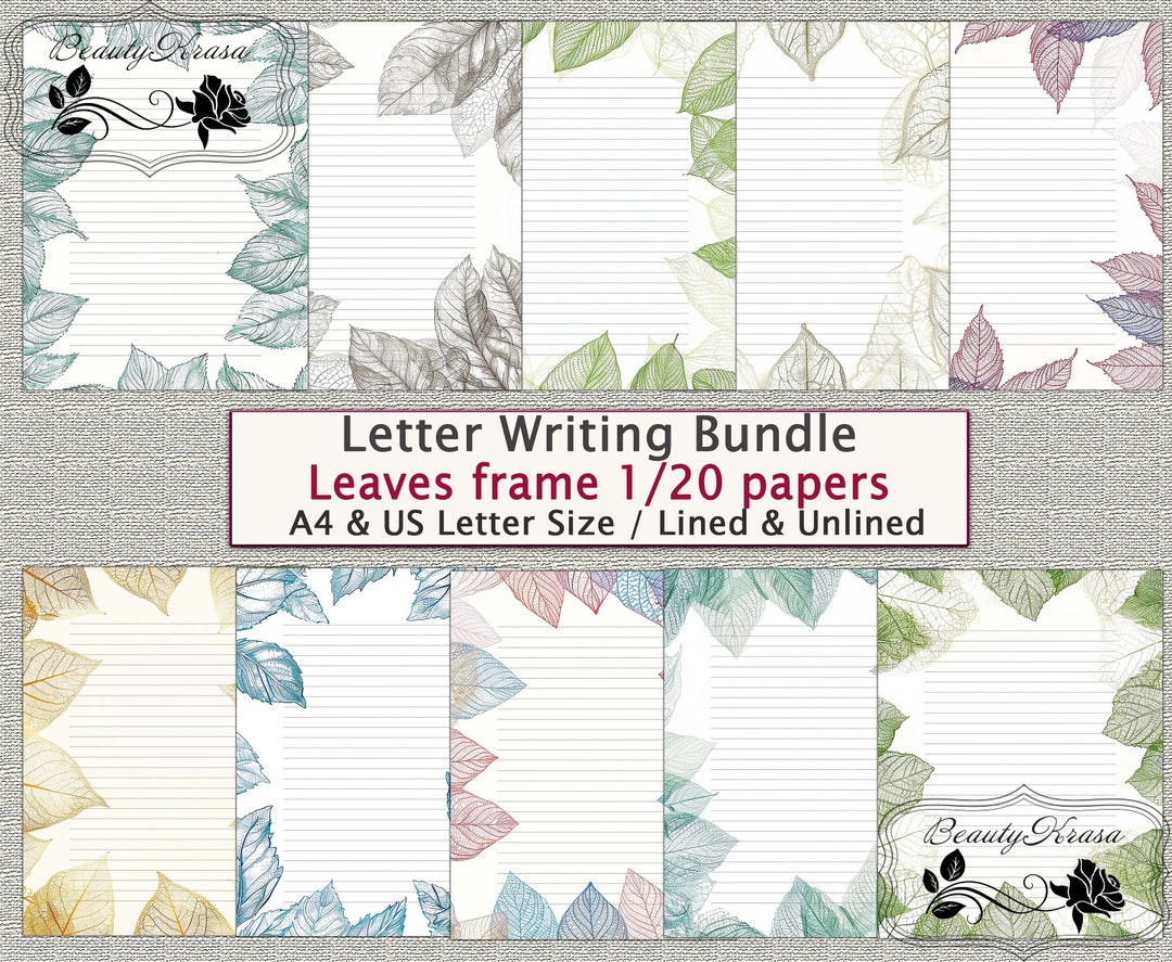 Letter Writing Bundle, Leaves Frame-1 PDF Stationery,unlined Lined 20 ...