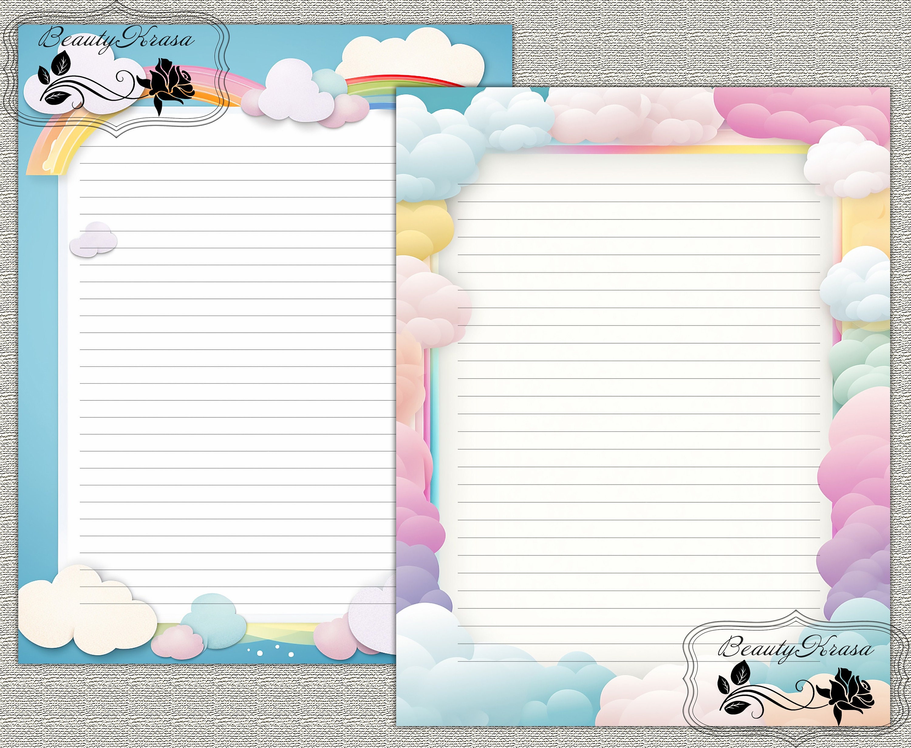 Letter Writing Bundle, Clouds & Rainbows Printable Stationery,unlined ...