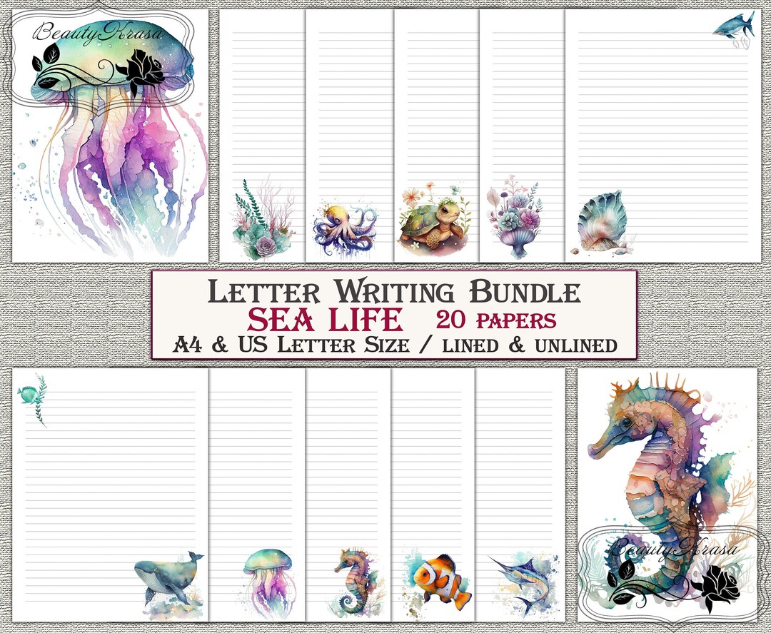 Letter Writing Bundle, Sea Life Printable Stationery,unlined Lined 20 ...