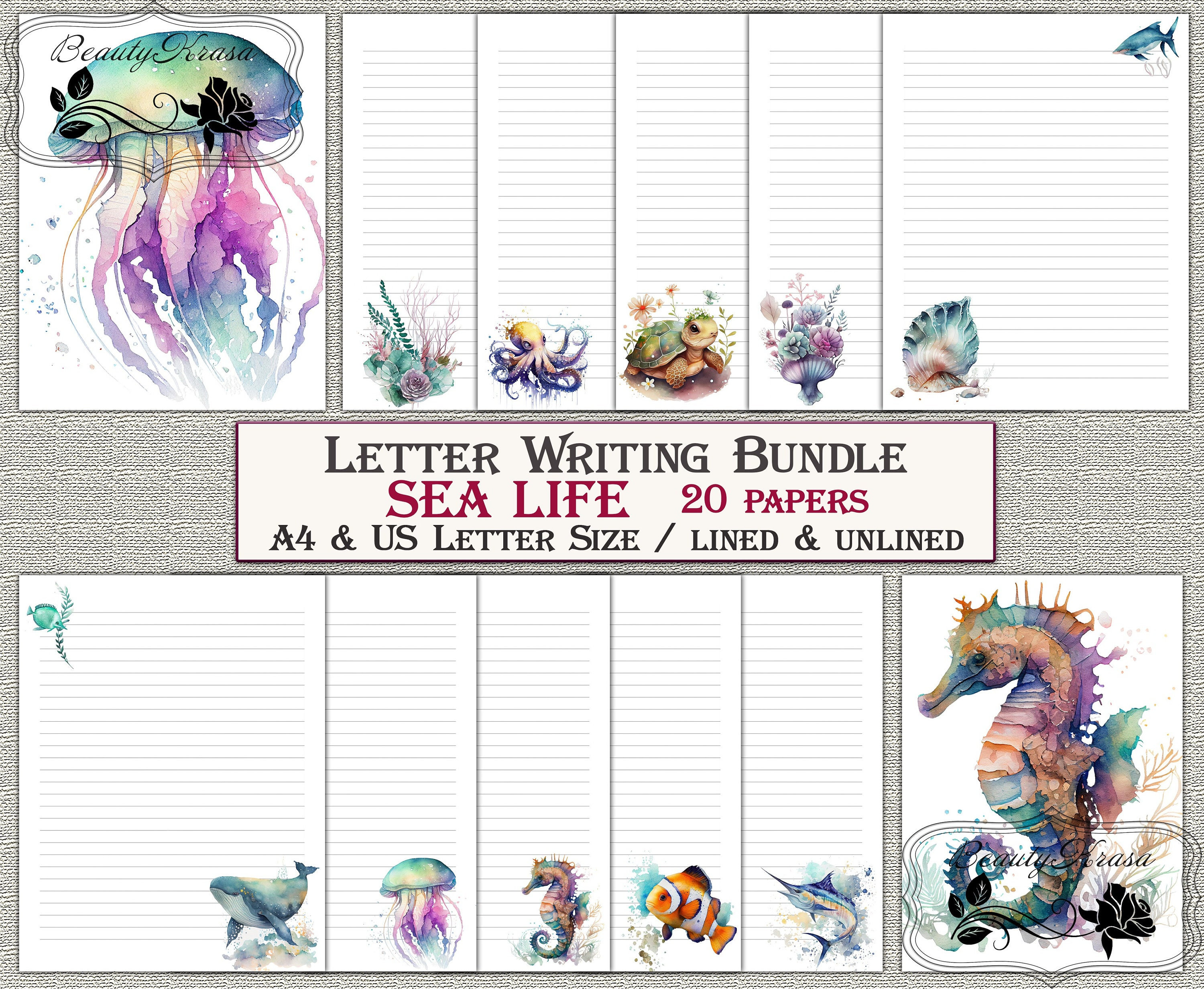 Letter Writing Bundle Sea Life Printable Stationeryunlined - Etsy