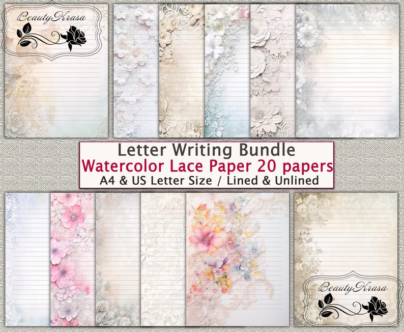 Letter Writing Bundle,printable Pdf Stationery Set Watercolor Lace ...