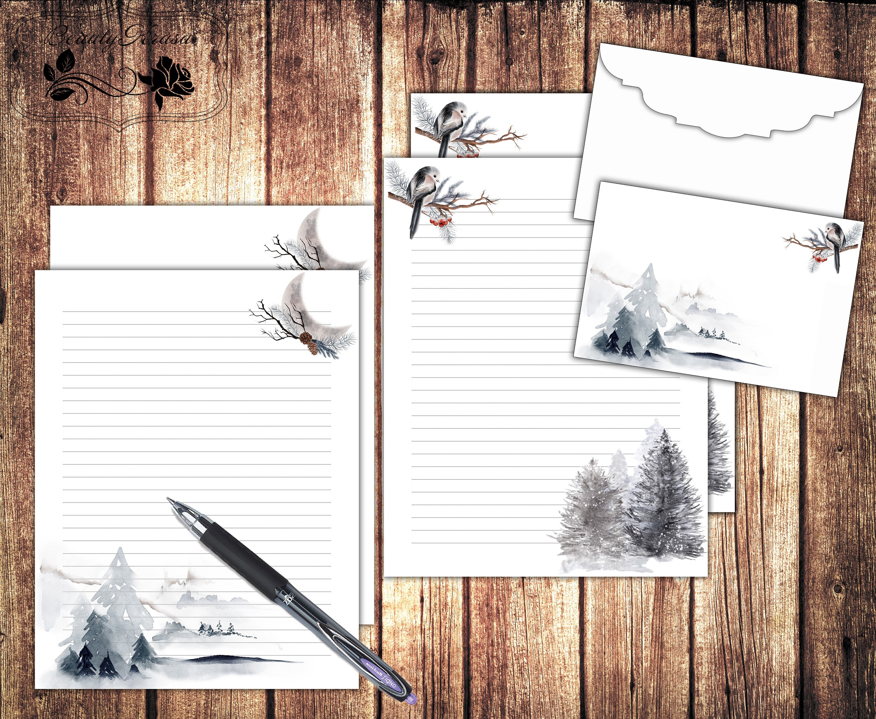 Printable Stationary Digital Set Winter,letter Writing Paper&envelope ...