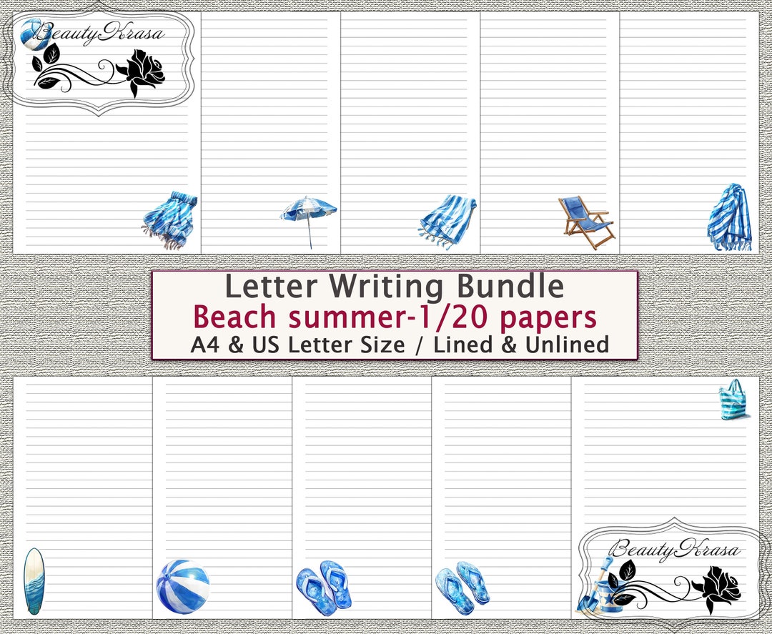 Letter Writing Bundle,beach Summer-1 PDF Stationery,unlined Lined 20 ...