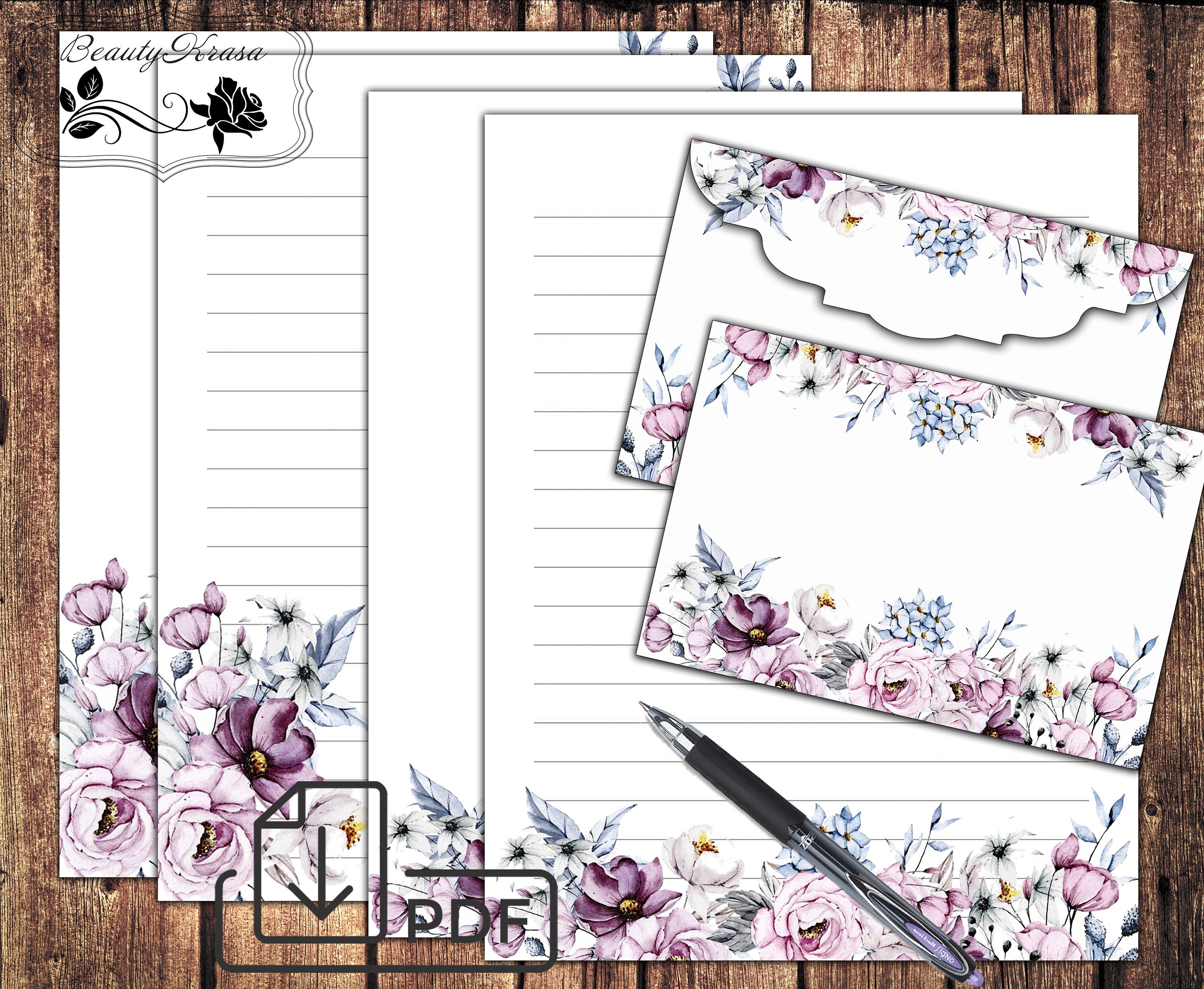 Stationary Set,printable Floral Letter Writing Paper&envelope Floral ...