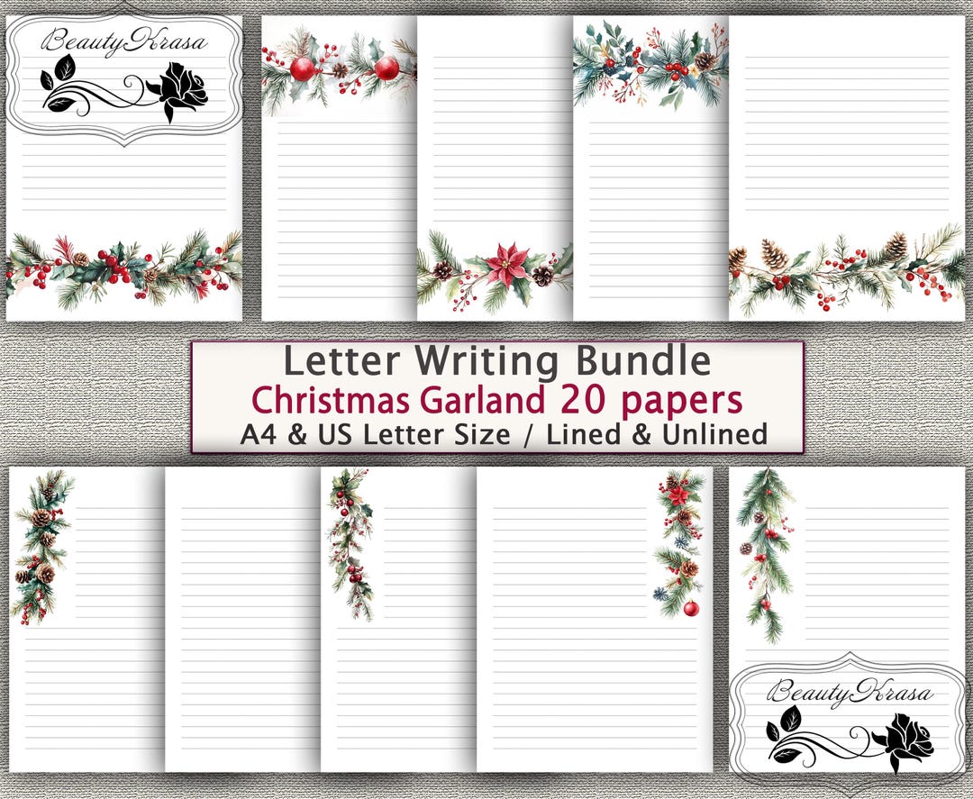 Letter Writing Bundle, Christmas Garland PDF Printable Stationery ...