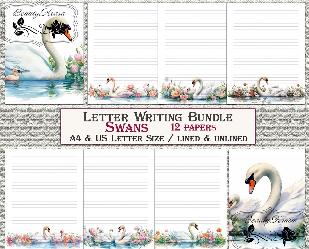 Letter Writing Bundle,printable Pdf Stationery Set Swans,unlined Lined ...