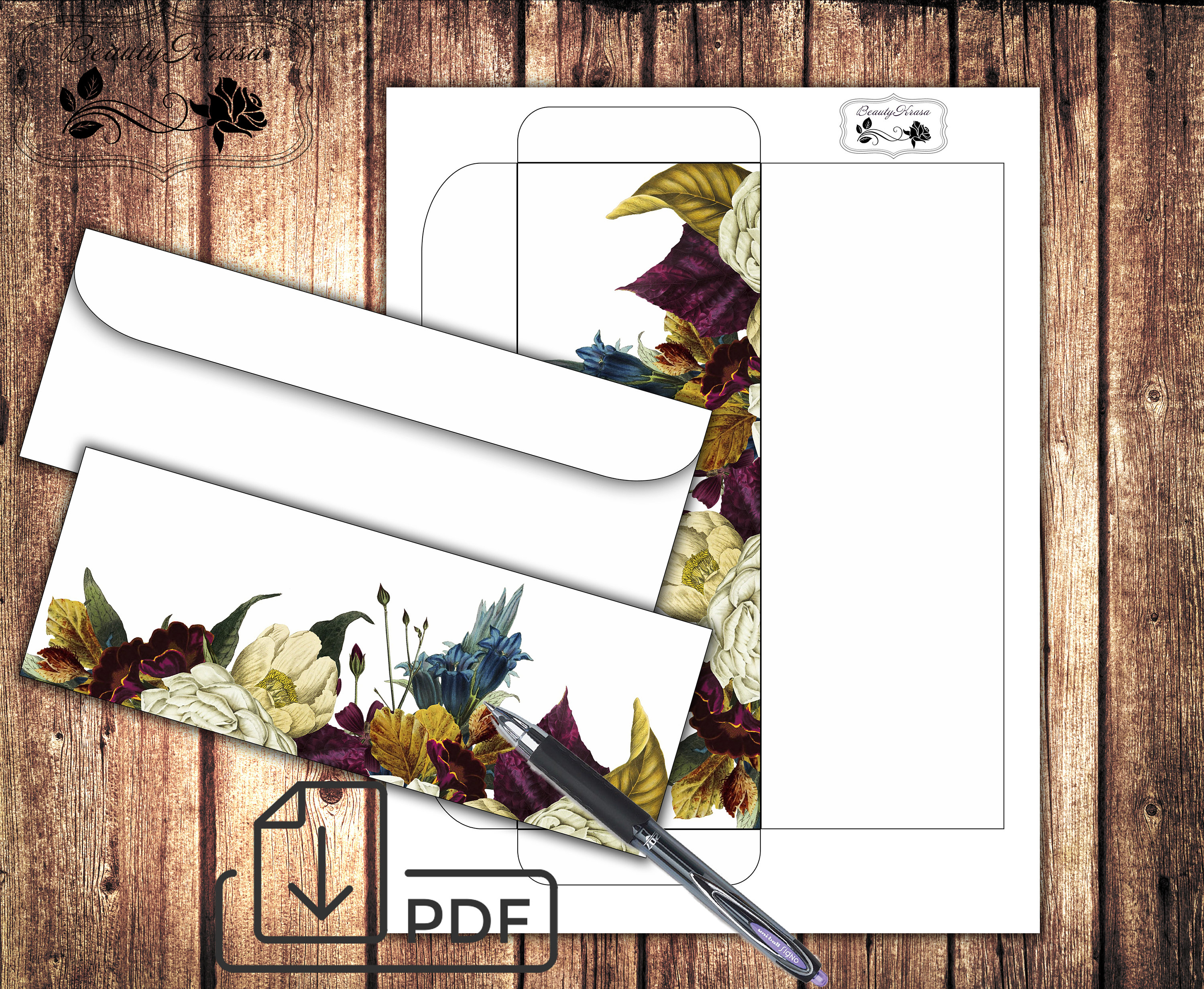 Stationary Set,printable Vintage Floral Letter Writing Paper&envelope ...