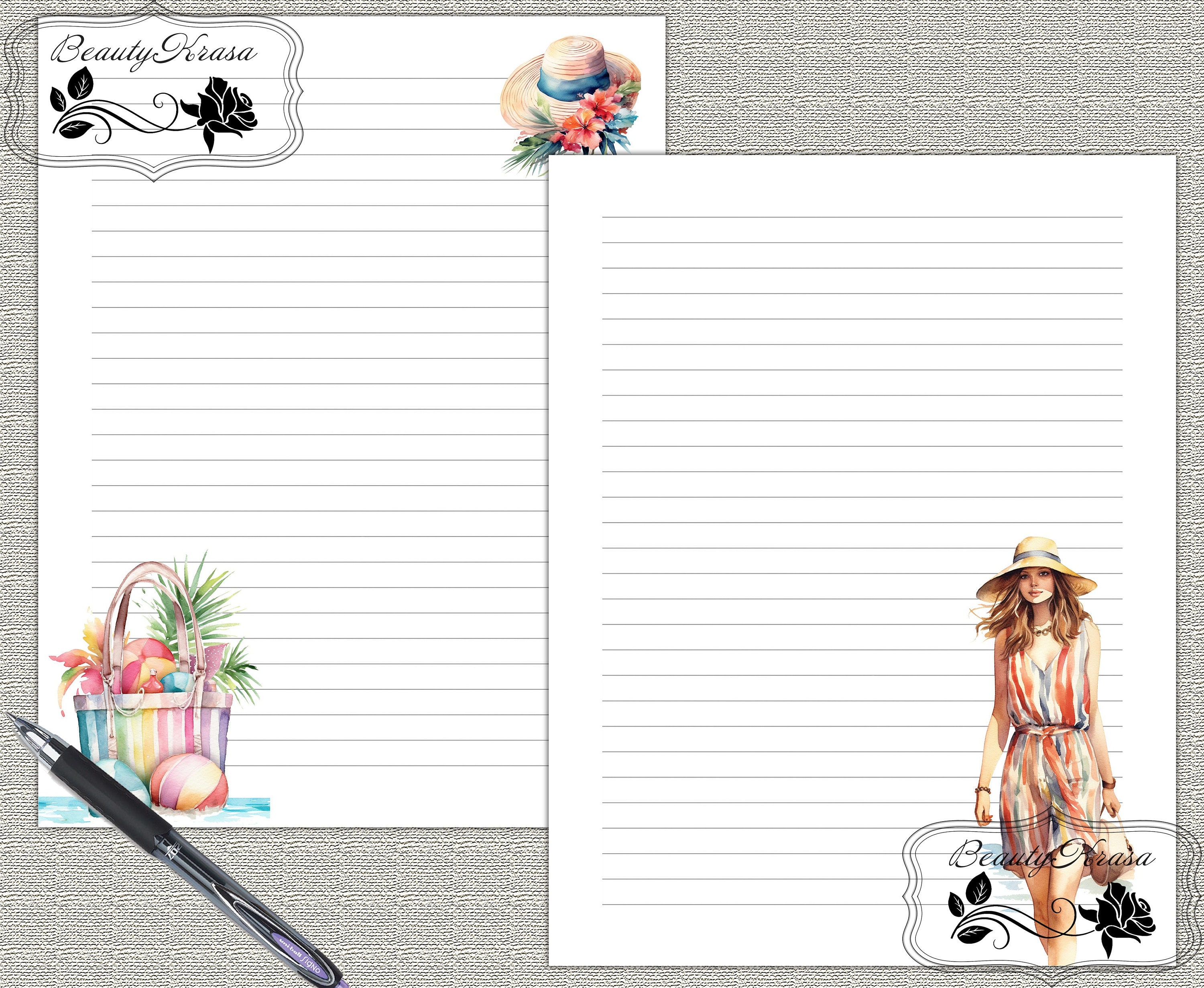 Letter Writing Bundle,summer Beach Printable Stationery,unlined Lined ...