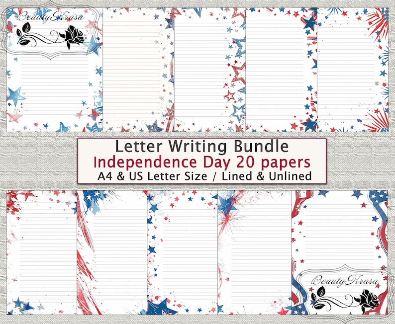 Letter Writing Bundle,independence Day PDF Stationery,unlined Lined 20 ...