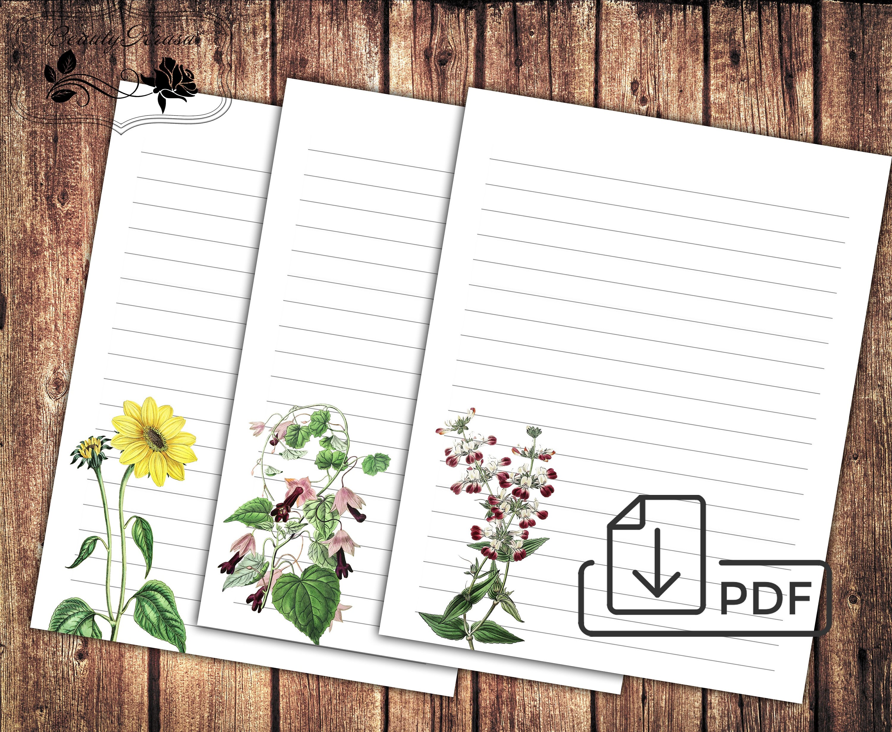 Stationery Set,printable Botanical Letter Writing Lined Paper&envelope ...