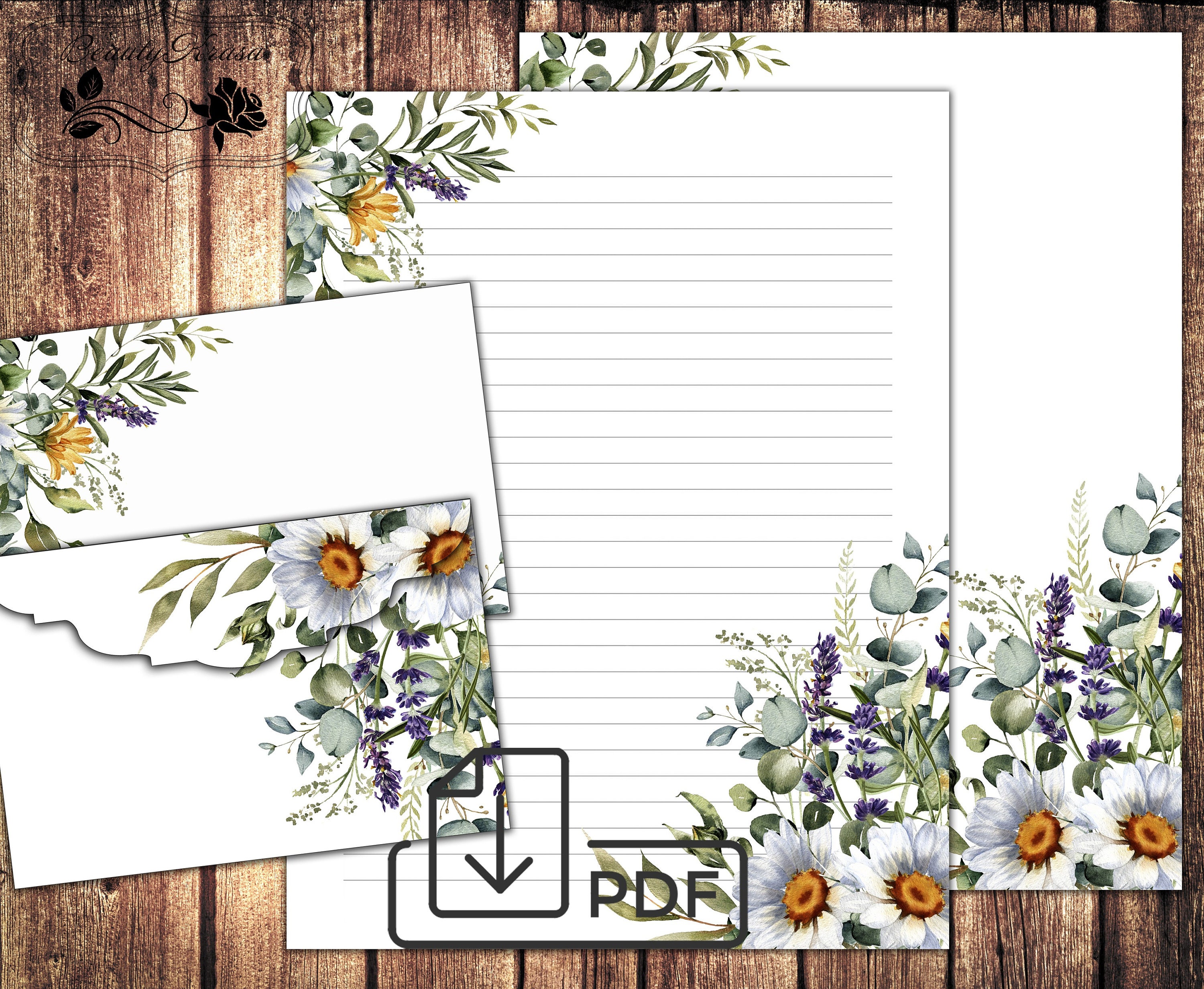Stationary Set Daisies,printable Letter Writing Paper,unlined Lined ...