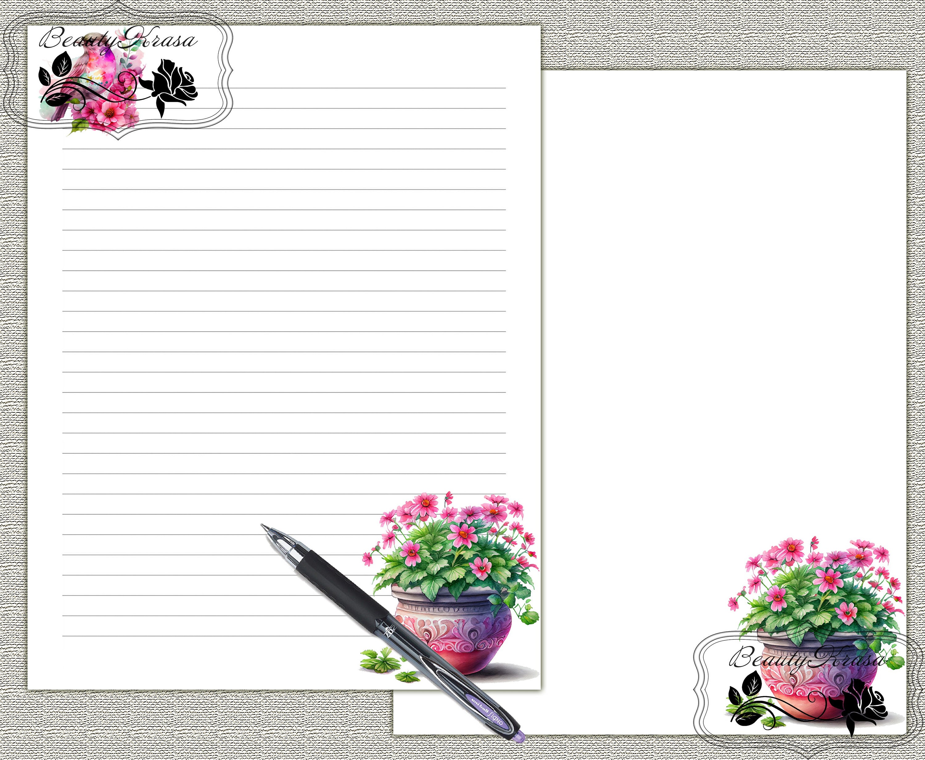 Letter Writing Bundle,printable Pdf Stationery Set Pink Flower,unlined ...