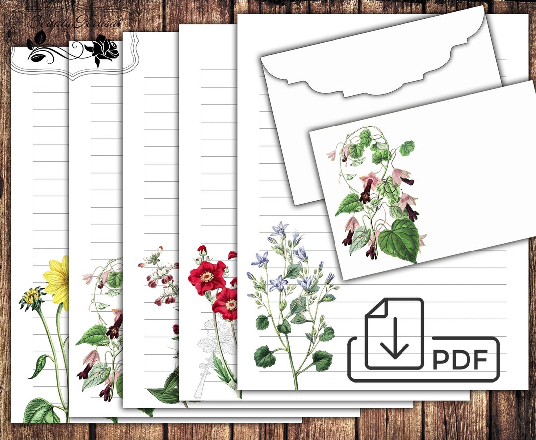 Stationery Set,printable Botanical Letter Writing Lined Paper&envelope ...