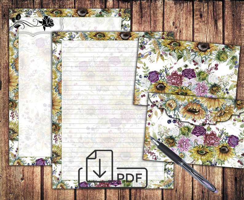 Printable Stationary Set SUNFLOWER Bouquet-4,letter Writing Paper ...